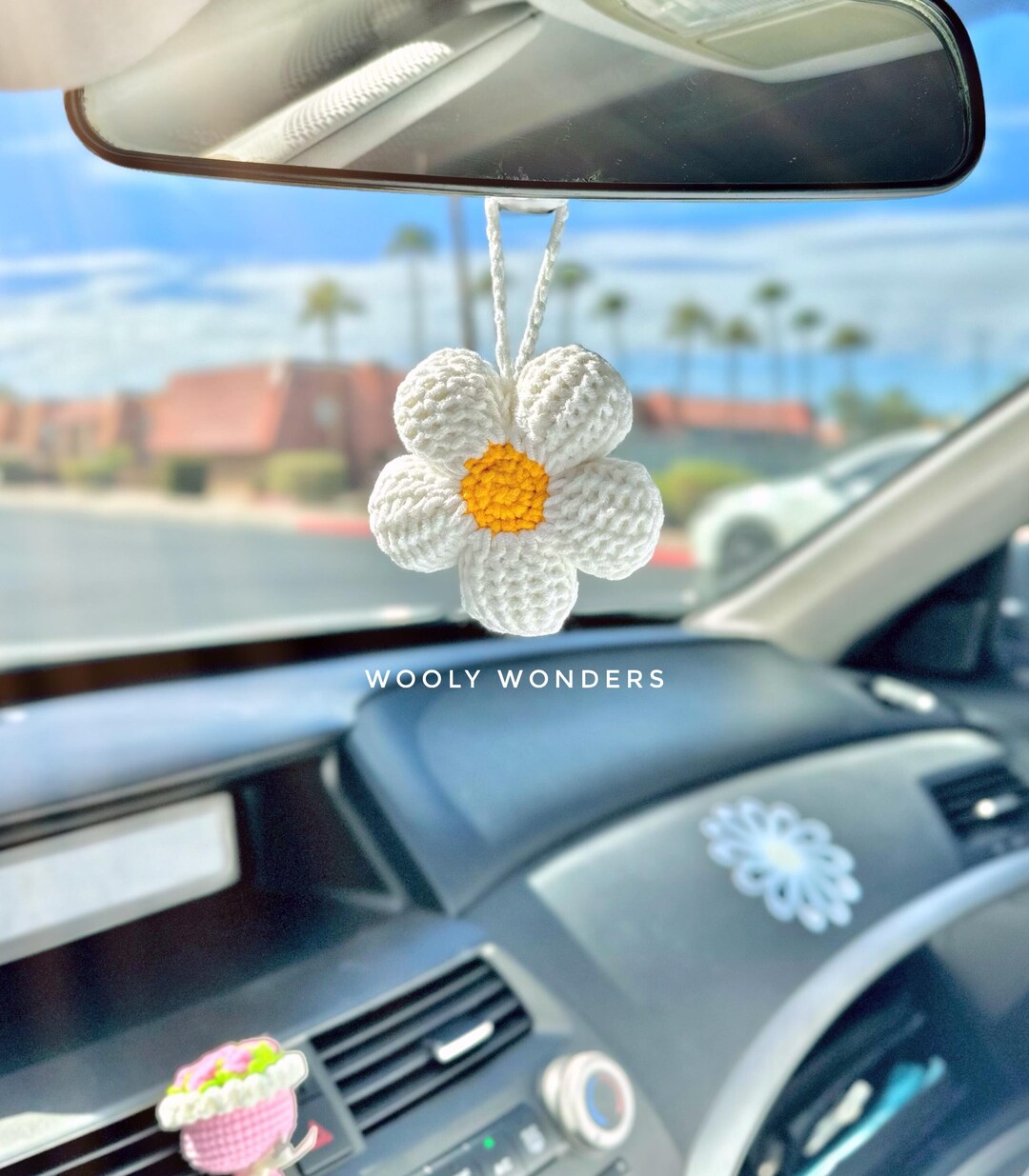 Crochet White Flower Car Charm: Milk Cotton Rear View Mirror Decor - Etsy