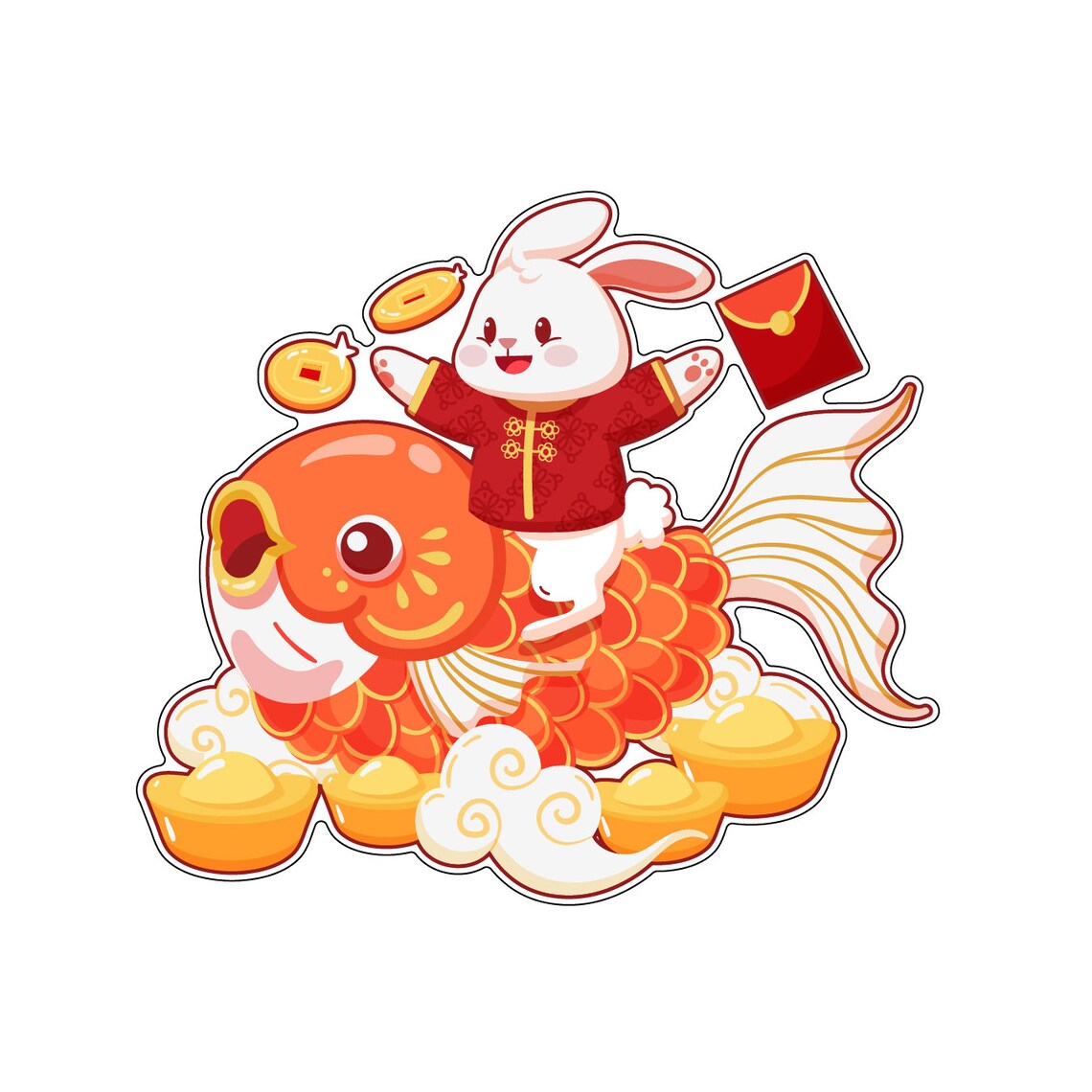 White Water Rabbit Gold Fish Bunny Art Merry Christmas Happy Chinese ...
