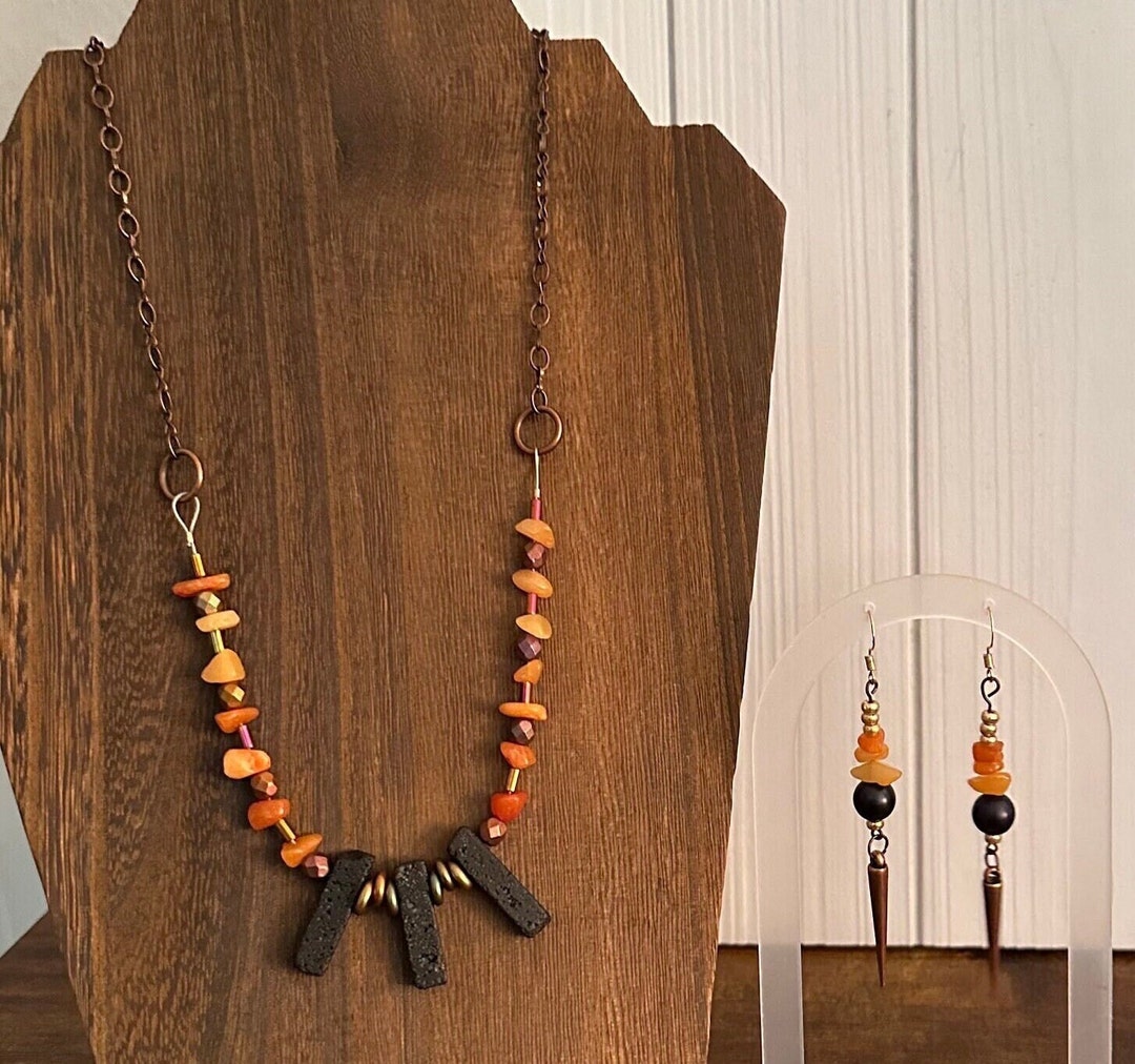 Orange Quartzite, Lava Stone, and Copper Chain Necklace and Earrings - Etsy