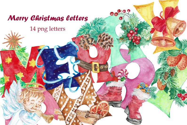 Merry Christmas, Watercolor Clipart, Vintage Holiday, PNG Elements ...