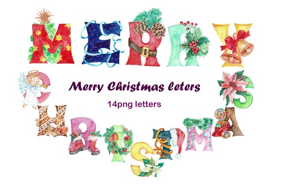 Merry Christmas Letters Watercolor Clipart Png Elements - Etsy
