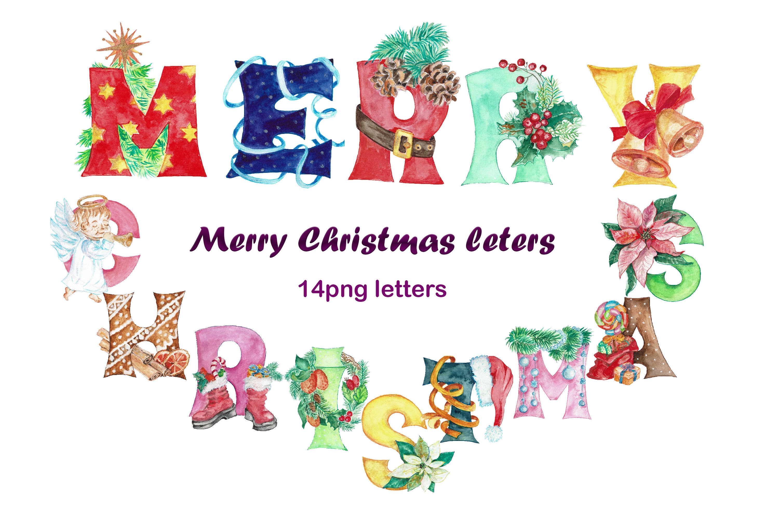 Merry Christmas Letters Watercolor Clipart Png Elements Instant ...