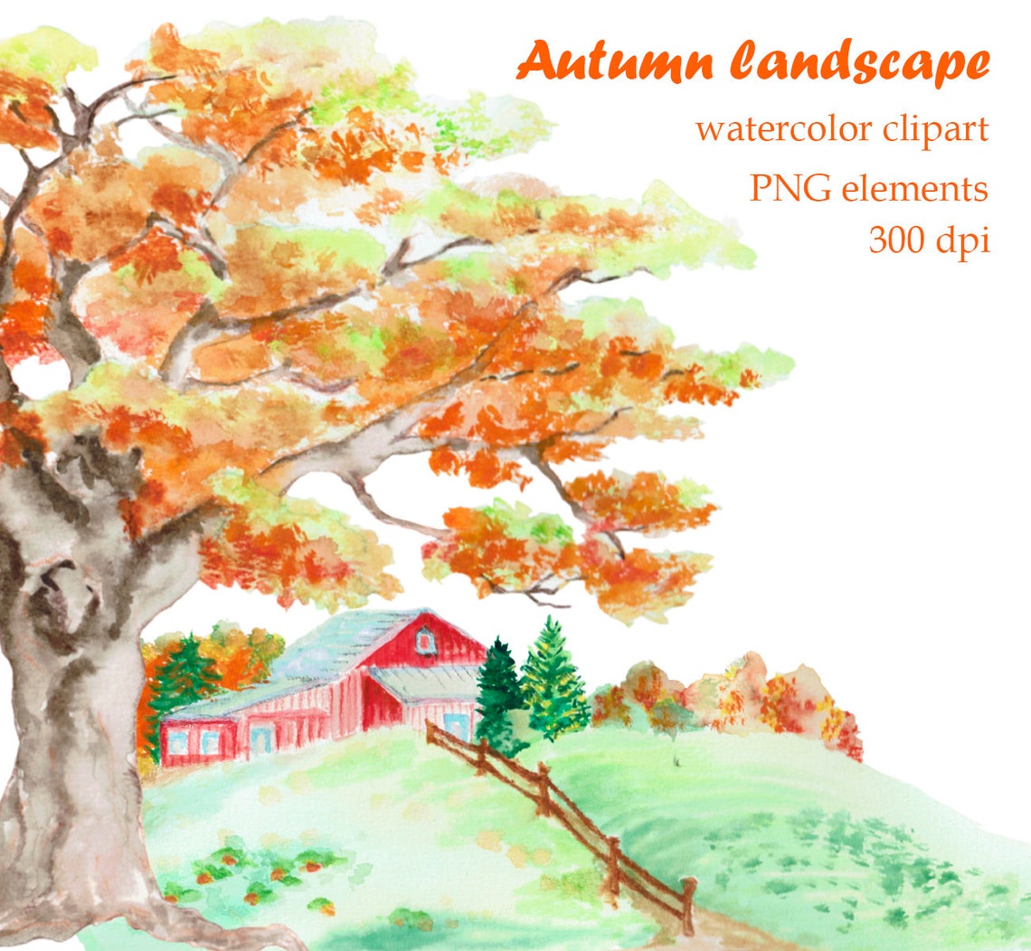 Autumn Landscape Watercolor Clipart, Fall Village Clip Art ...