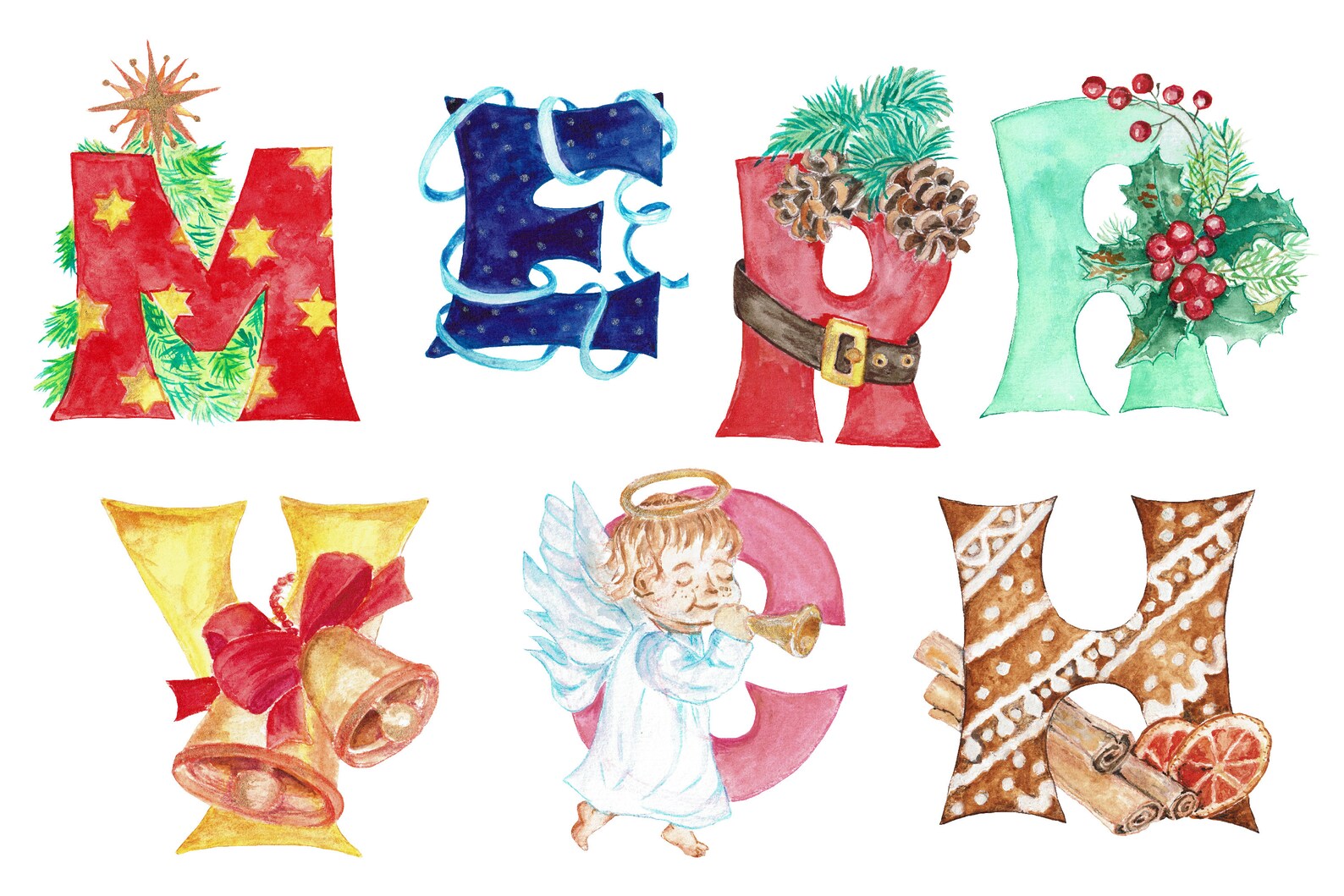 Merry Christmas Letters Watercolor Clipart Png Elements Instant ...