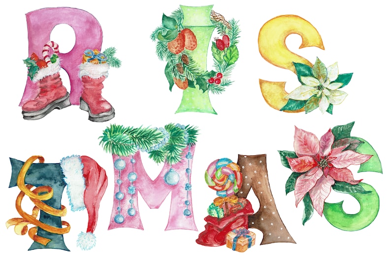 Merry Christmas, Watercolor Clipart, Vintage Holiday, PNG Elements ...