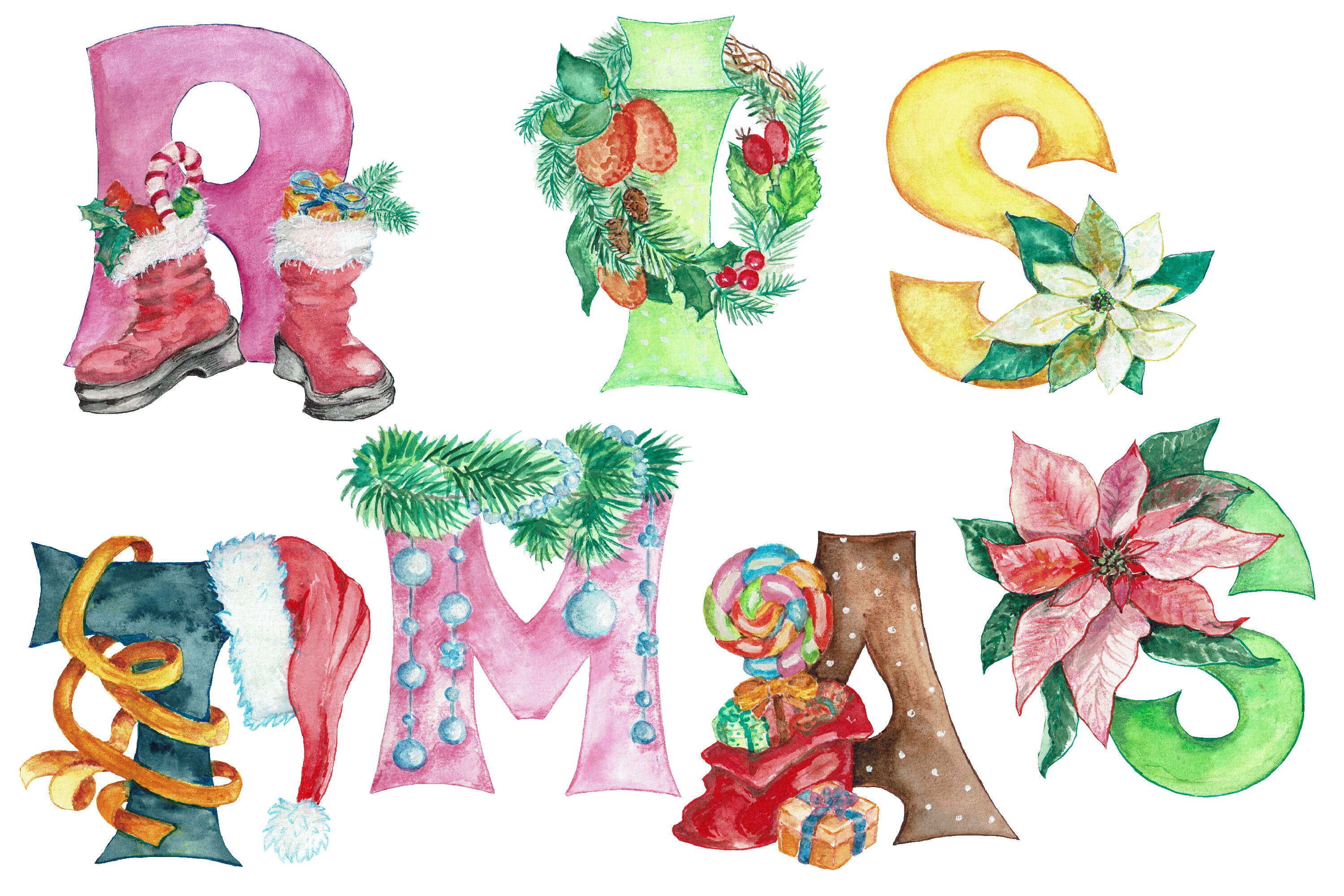 Merry Christmas Letters Watercolor Clipart Png Elements Instant ...
