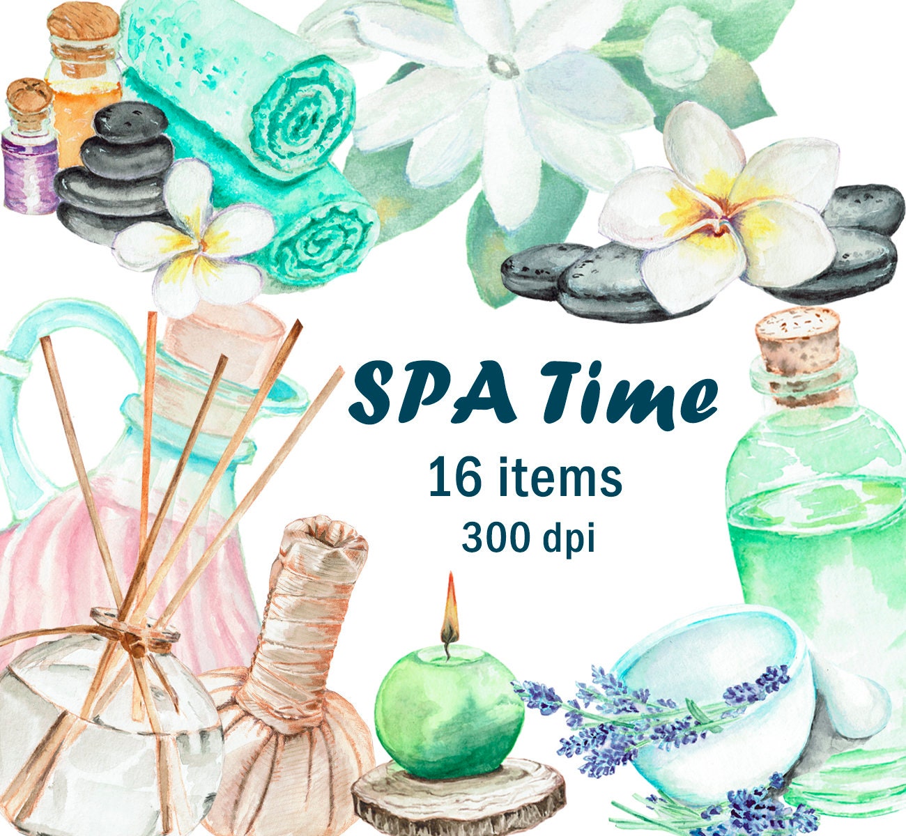 Watercolor SPA Time Clipart, SPA Day PNG, Organic Lifestyle, Floral Oil ...