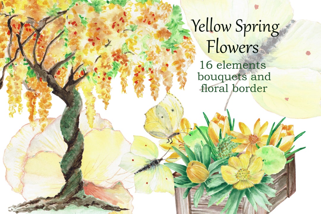 Yellow Spring Floral Clipart PNG – Watercolor Flowers & Greenery, Boho ...