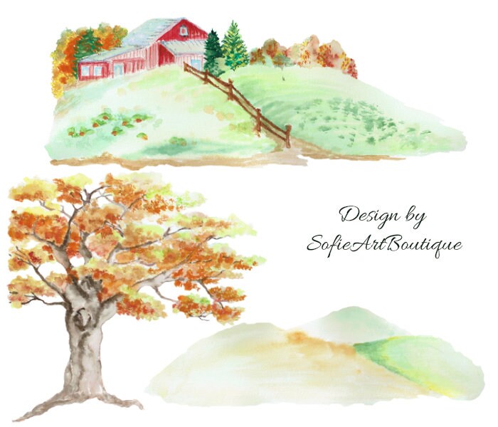 Autumn Landscape Watercolor Clipart, Fall Village Clip Art ...