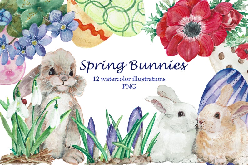Easter Spring Bunnies Watercolor Clipart Digital Download, Little ...