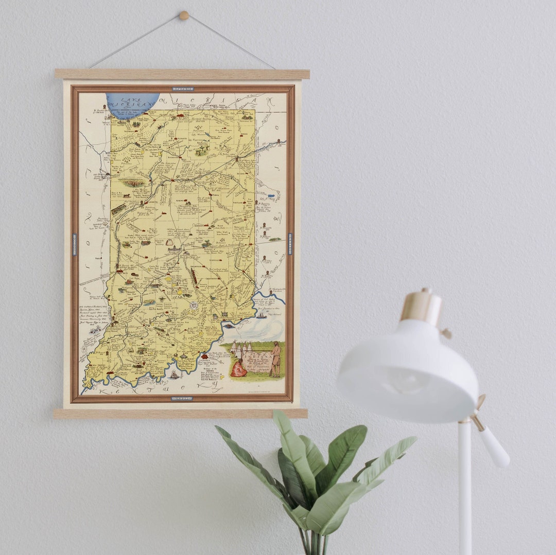 Vintage Indiana Map Art Print on Cotton Canvas With Cherry Wood Hanger ...