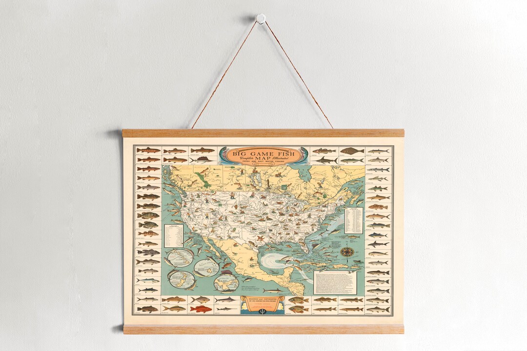 Pictorial Map of Big Game Fish on Canvas Print With Hanger Frames ...