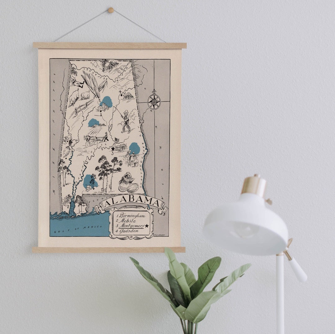 Pictorial Map of Alabama on Canvas Print With Hanger Frames| Vintage ...