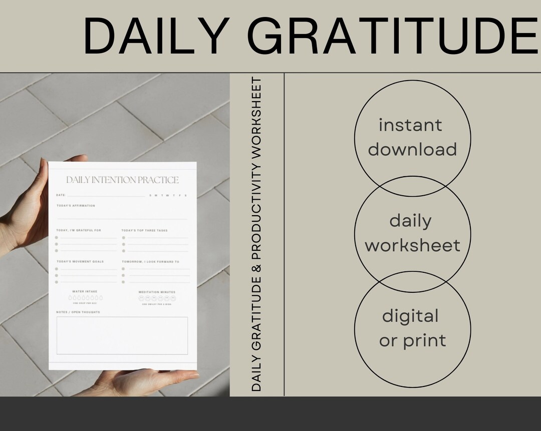 DIGITAL DOWNLOAD Daily Intention Worksheet : A Daily Gratitude ...