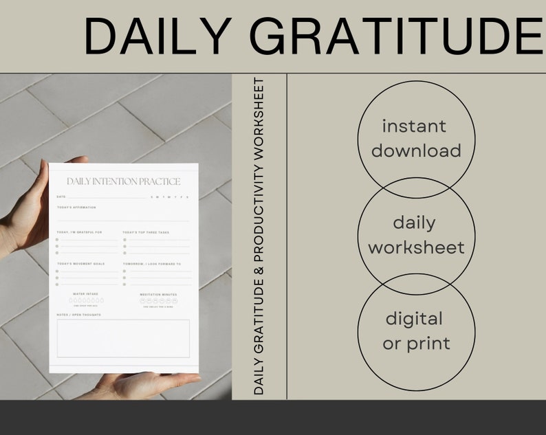 DIGITAL DOWNLOAD Daily Intention Worksheet : A Daily Gratitude ...