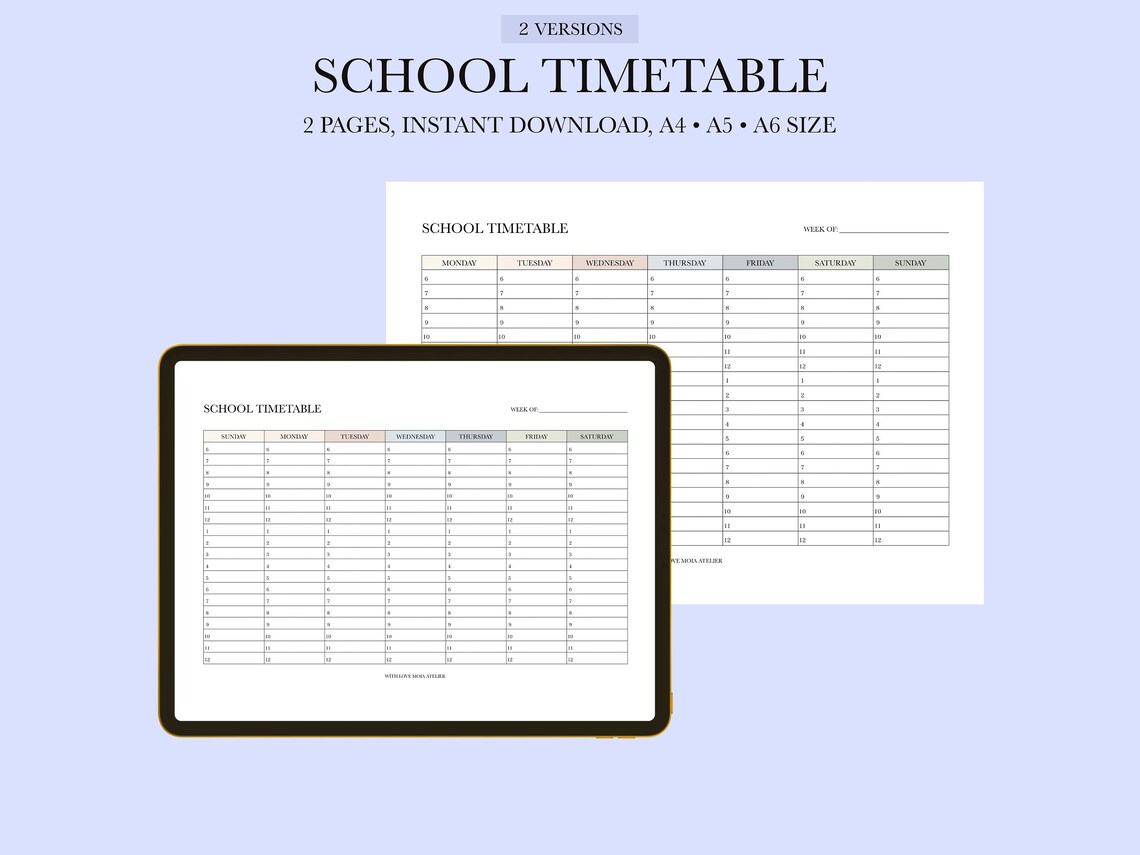 School Timetable Template Printable, Daily Horizontal Hourly Time ...