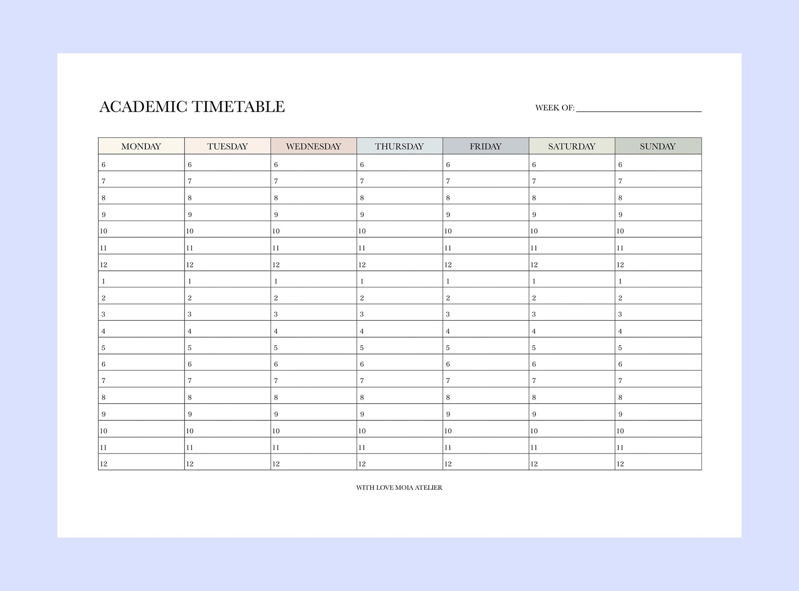 Academic Timetable Template Printable, Simple Horizontal Weekly ...