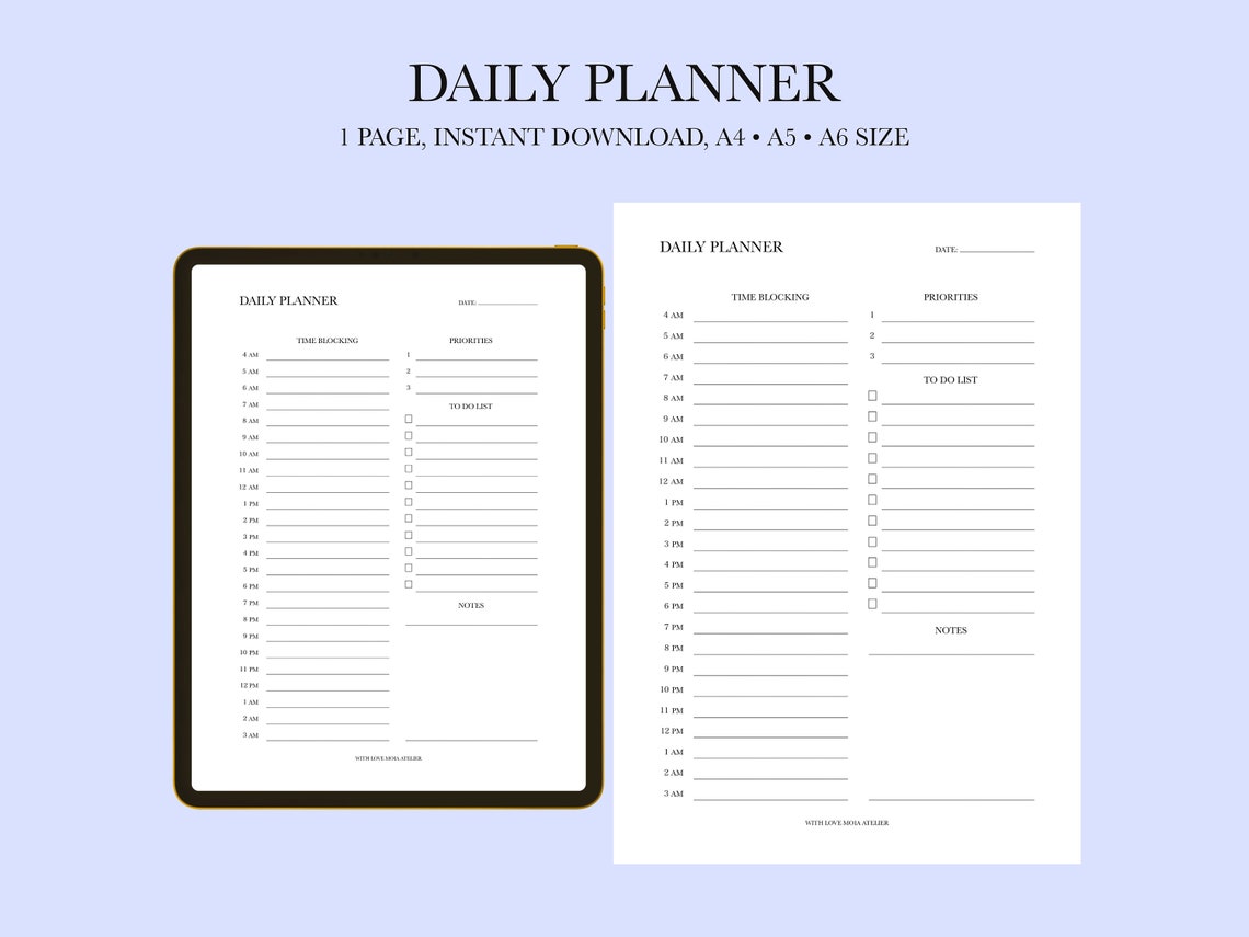 Undated 24-hour Daily Planner Printable, Clean Design Time Blocking ...