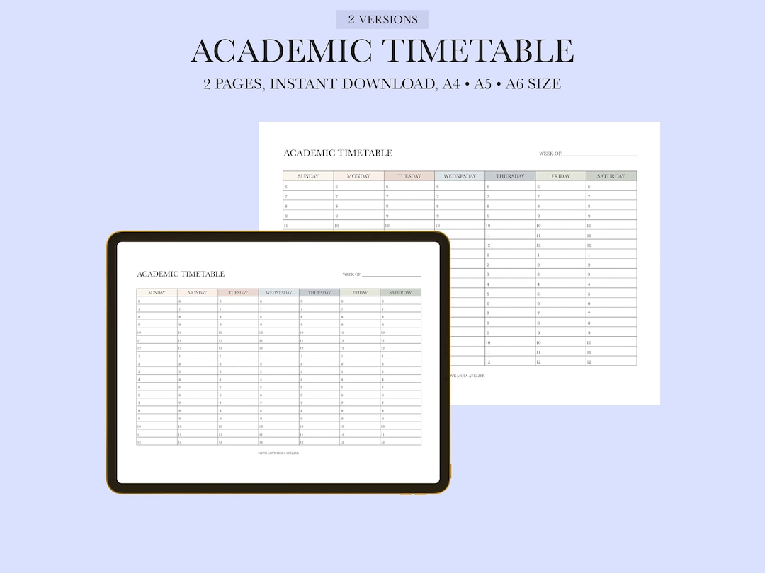 Academic Timetable Template Printable, Simple Horizontal Weekly ...