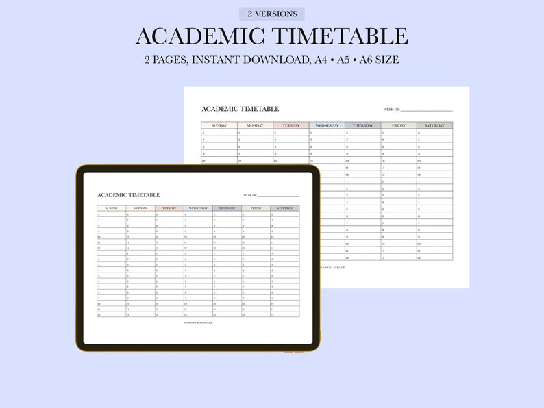 Academic Timetable Template Printable, Simple Horizontal Weekly ...