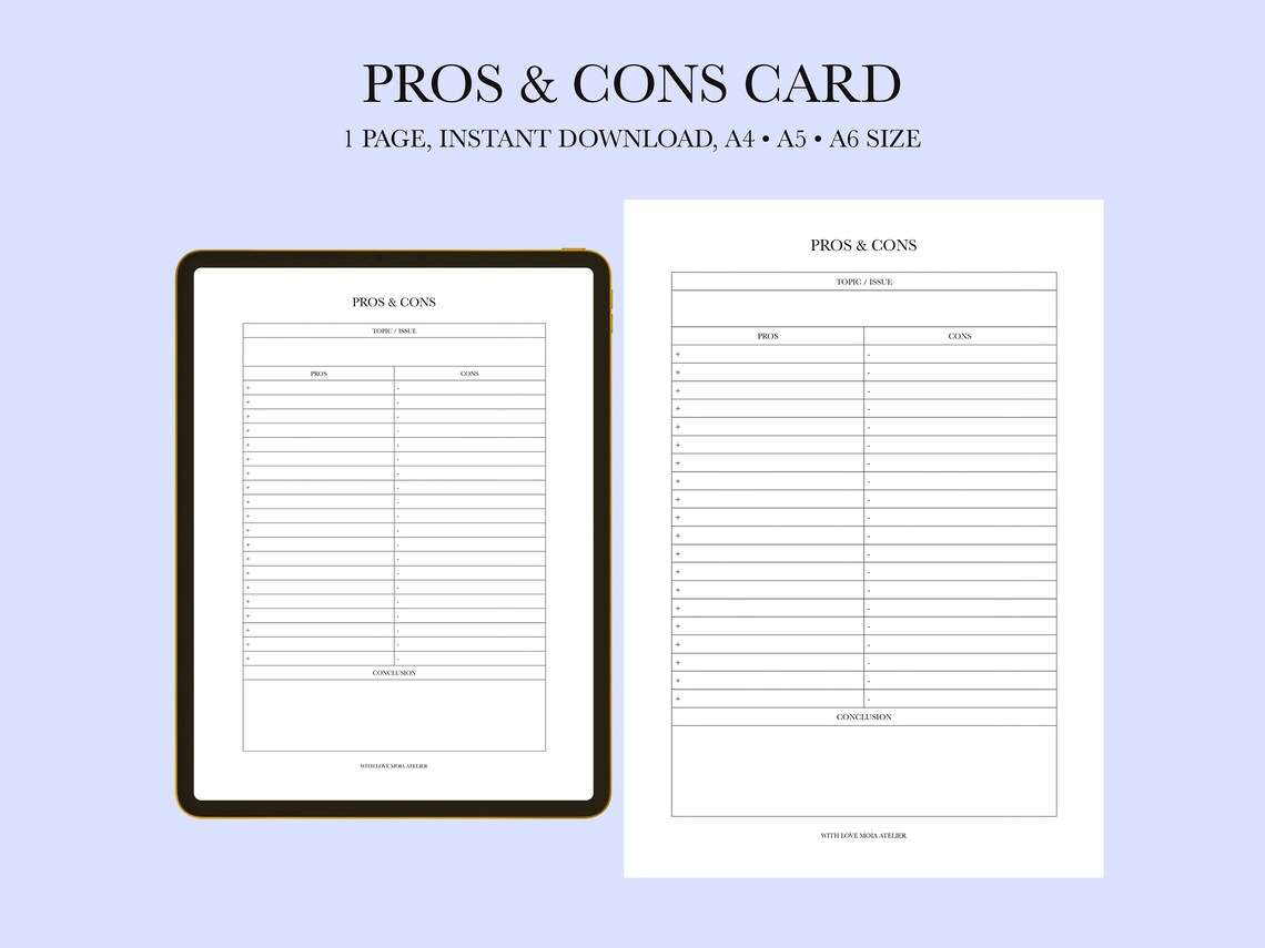 Pros and Cons Card for Decision Making, Simple Pros and Cons Chart ...