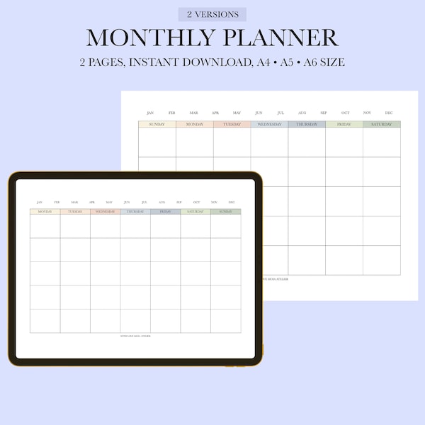 Aesthetic Monthly Planner Printable, Undated Monthly Calendar, Month at ...