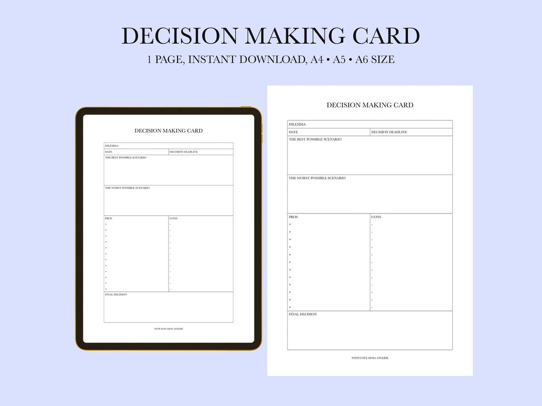 Decision Making Card Printable, Decision Aid, Problem Solving Template ...