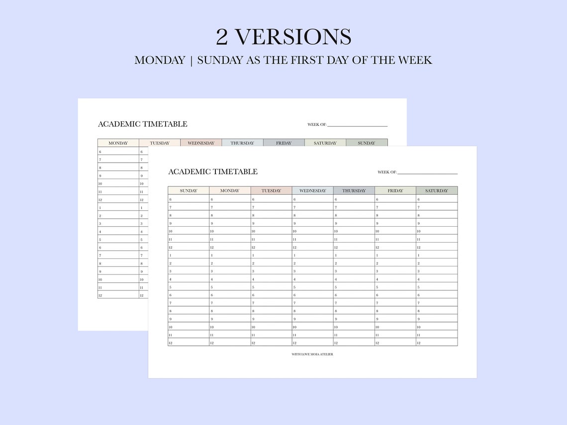 Academic Timetable Template Printable, Simple Horizontal Weekly ...