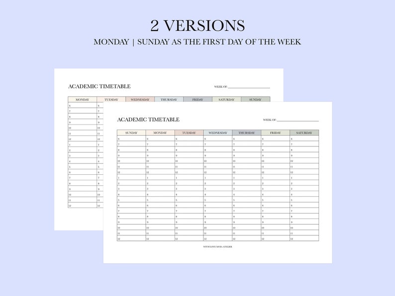 Academic Timetable Template Printable, Simple Horizontal Weekly ...