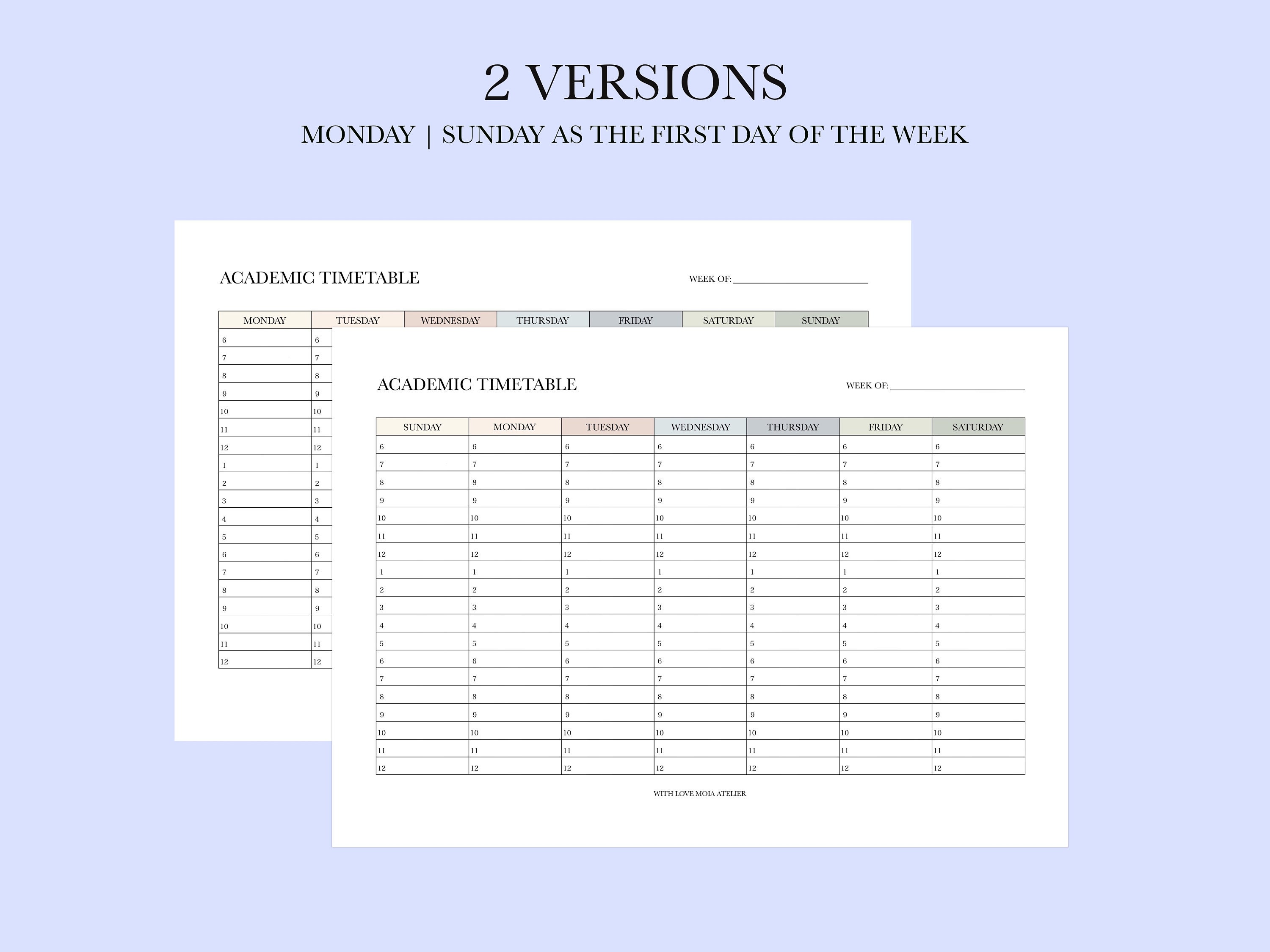 Academic Timetable Template Printable, Simple Horizontal Weekly ...