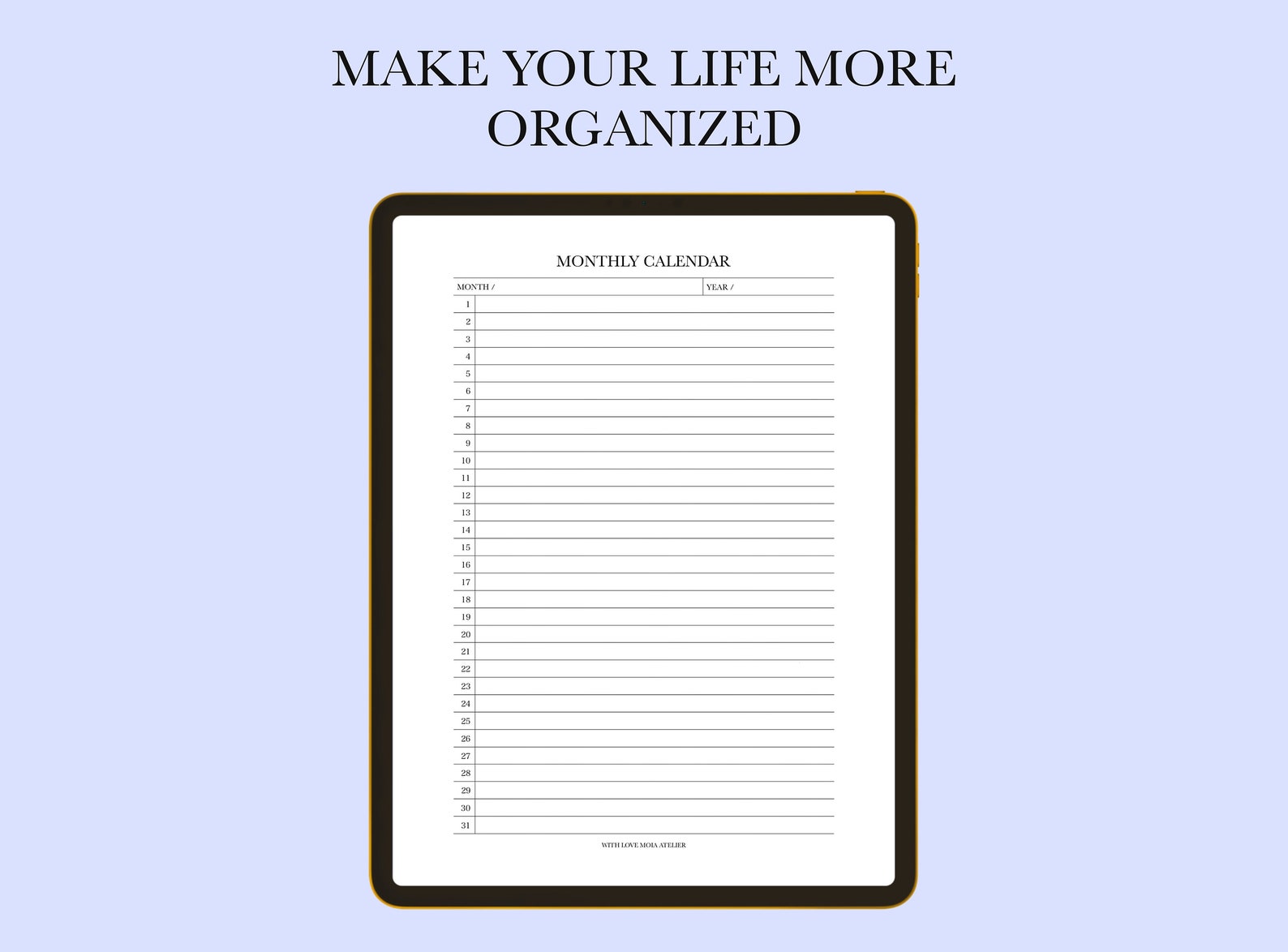 Undated Monthly Calendar Printable, One Line A Day, Month on One Page ...