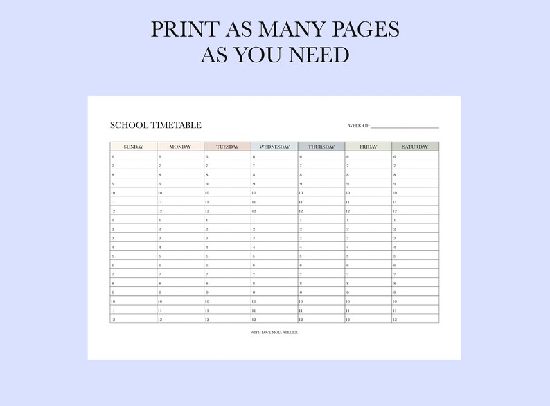 School Timetable Template Printable, Daily Horizontal Hourly Time ...