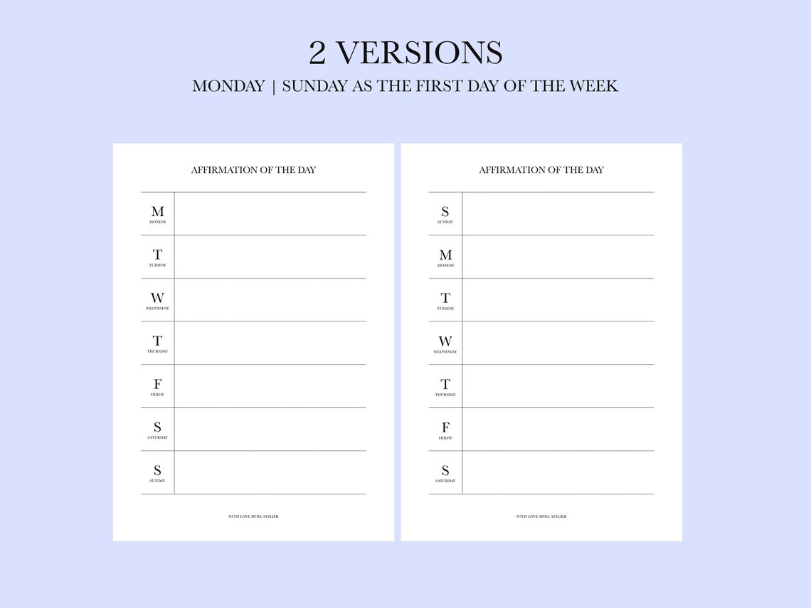 Printable Daily Affirmation Worksheet for Mental Health, Weekly ...