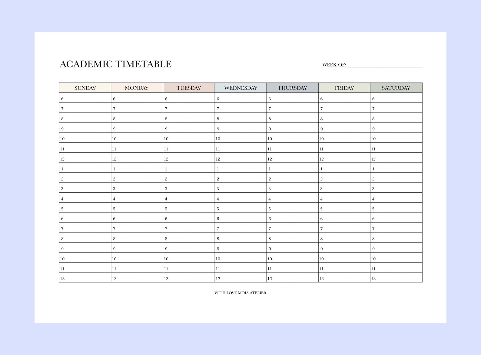 Academic Timetable Template Printable, Simple Horizontal Weekly ...