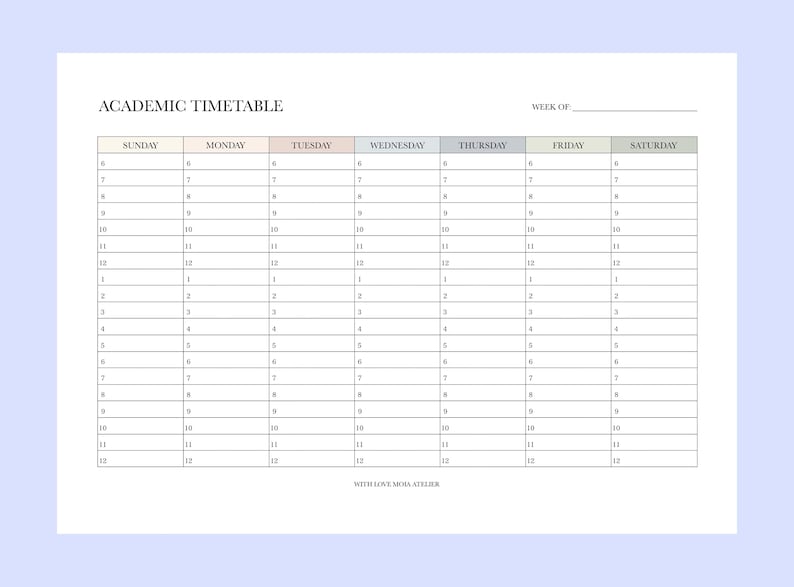 Academic Timetable Template Printable, Simple Horizontal Weekly ...