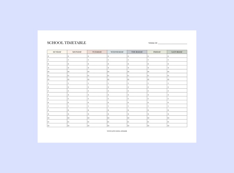 School Timetable Template Printable, Daily Horizontal Hourly Time ...