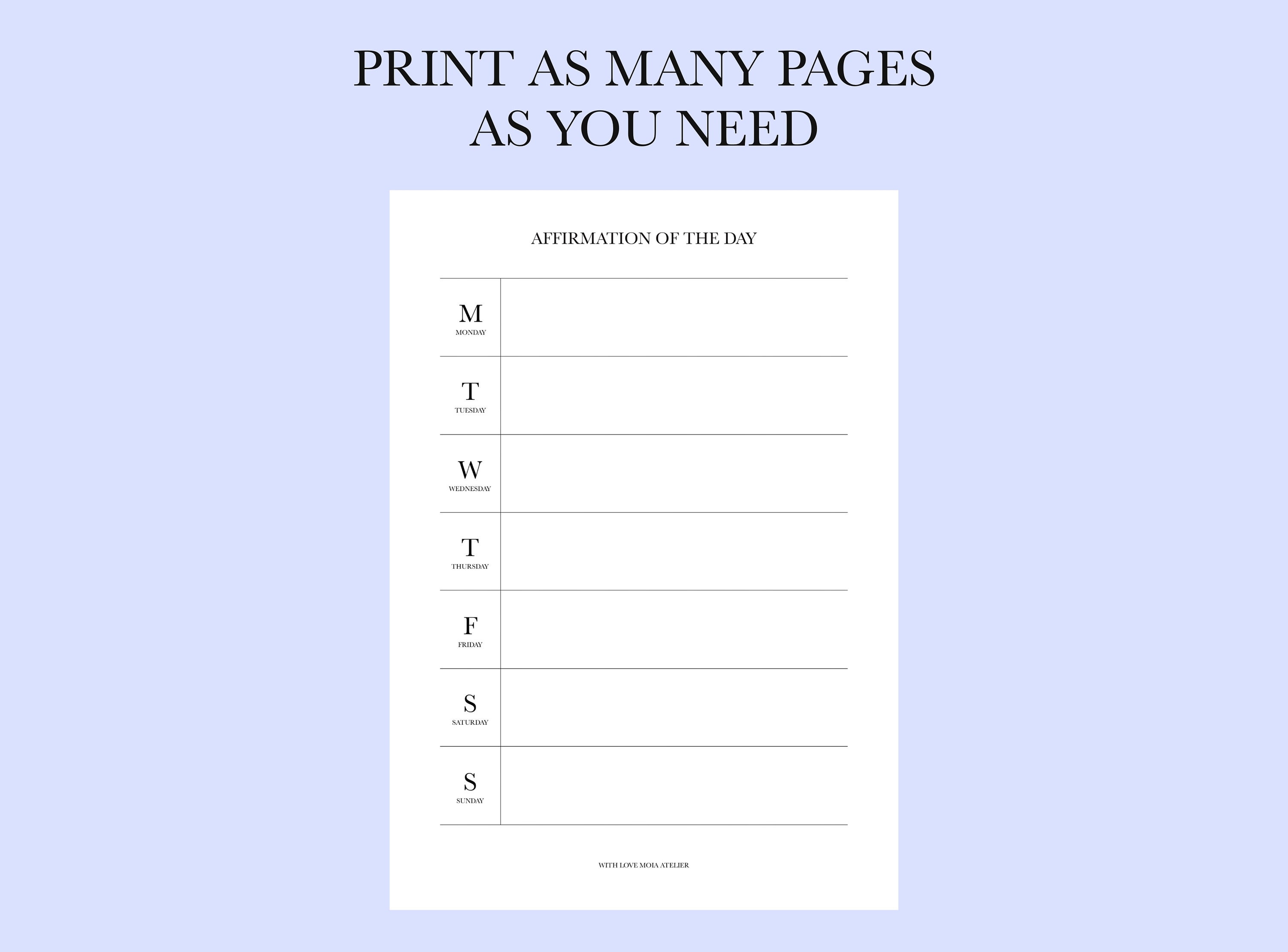 Printable Daily Affirmation Worksheet for Mental Health, Weekly ...