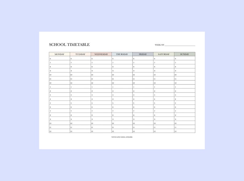 School Timetable Template Printable, Daily Horizontal Hourly Time ...