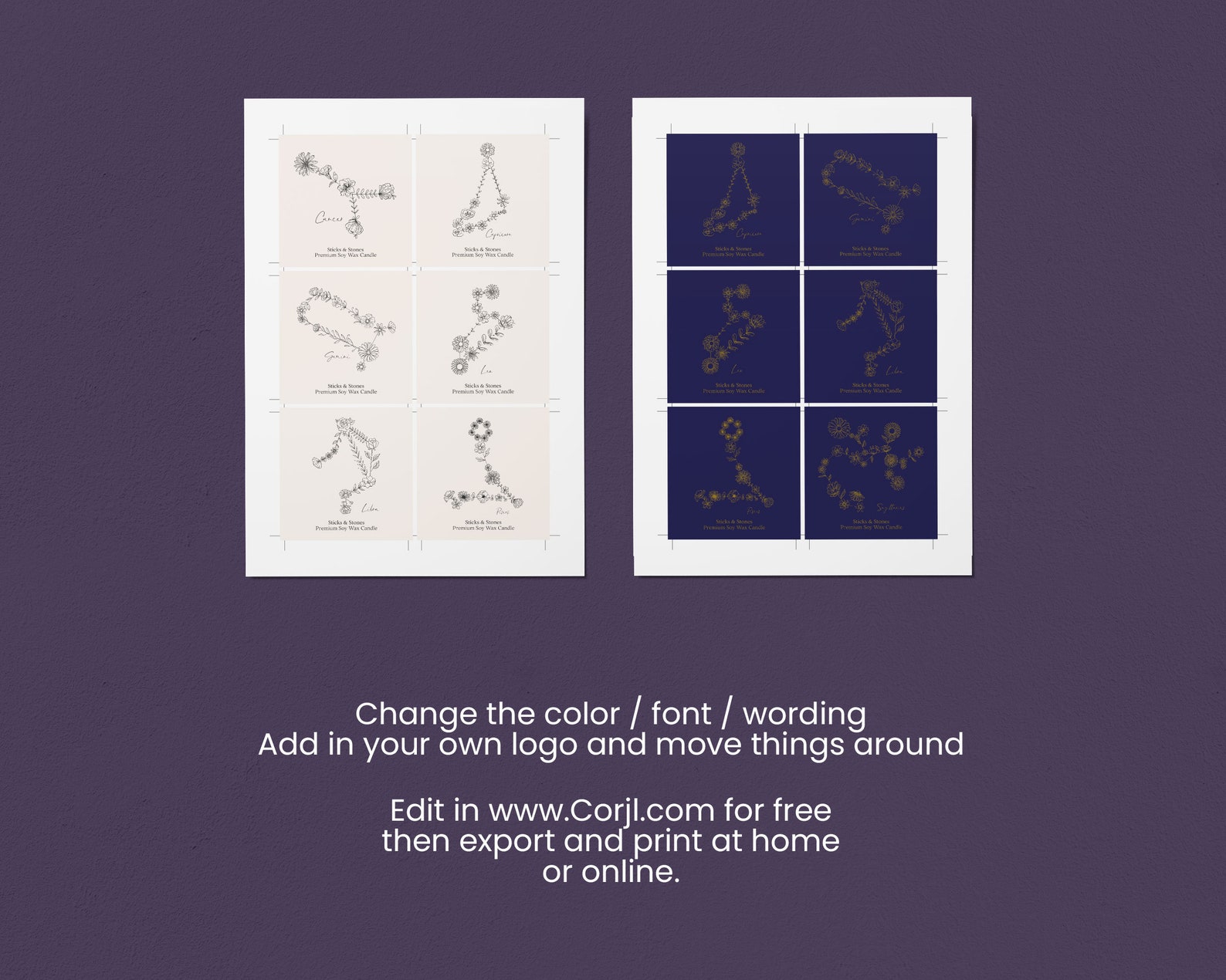 12 X HOROSCOPE Editable Zodiac Candle Label, FLORAL Label, Zodiac ...