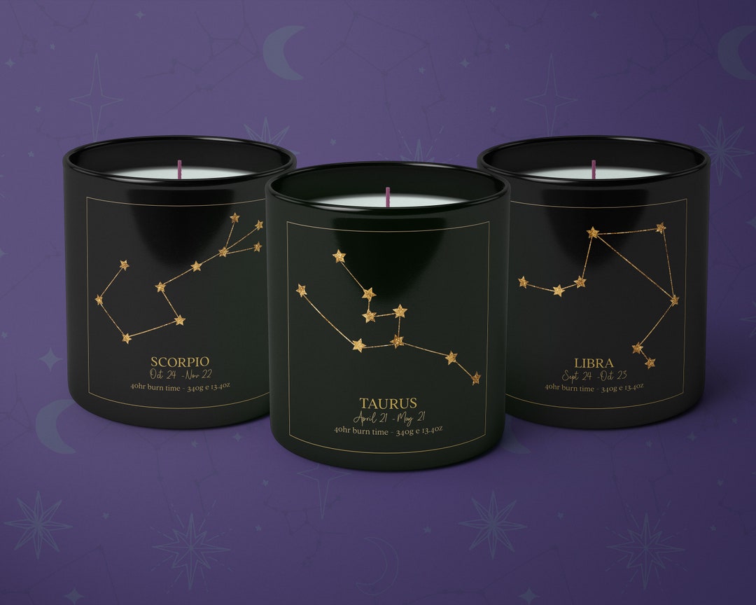 12 X ZODIAC Gold GLITTER Editable Zodiac Candle Label, CANVA Zodiac ...