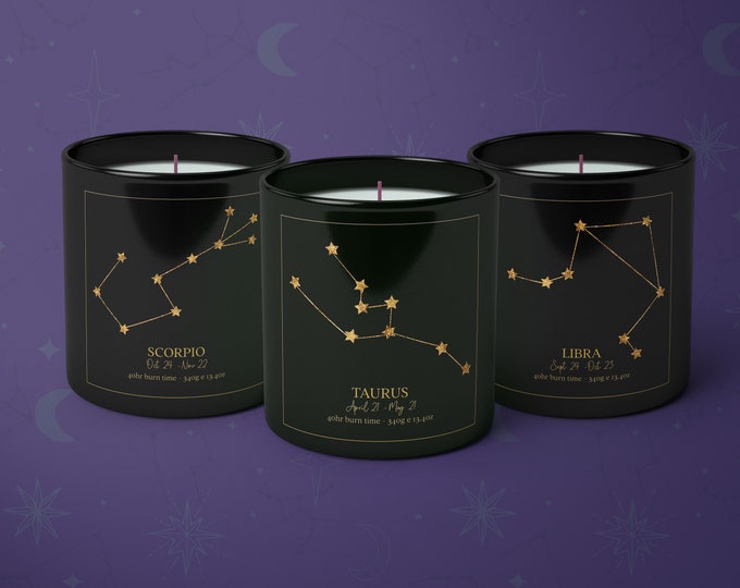 12 X ZODIAC Gold GLITTER Editable Zodiac Candle Label, CANVA Zodiac ...