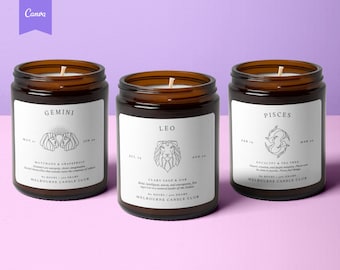 12 X STAR SIGN Editable Candle Label, Zodiac Labels, Zodiac Sign Candle ...