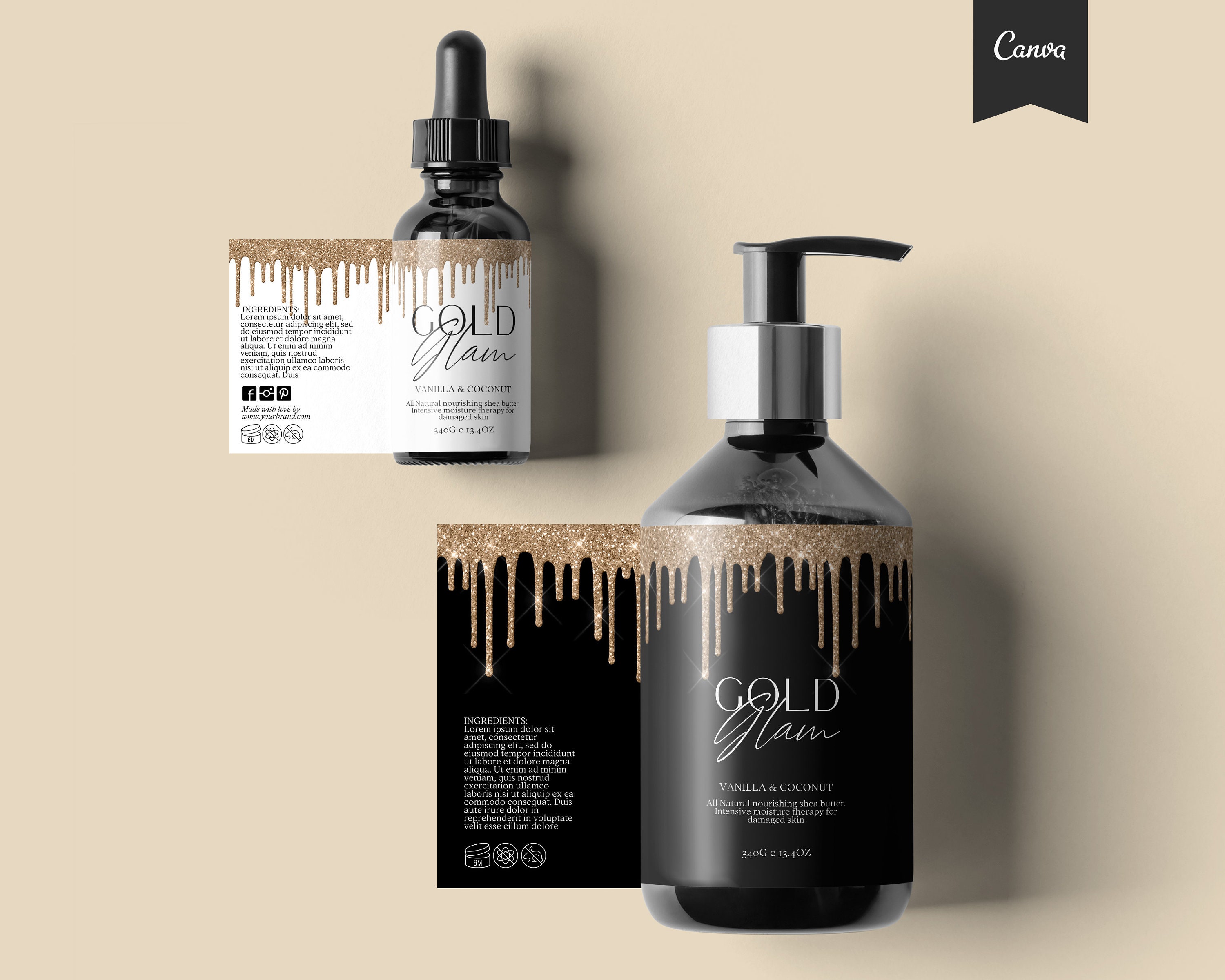 GOLD Glitter Editable Body Product Labels DIY Cosmetic - Etsy UK