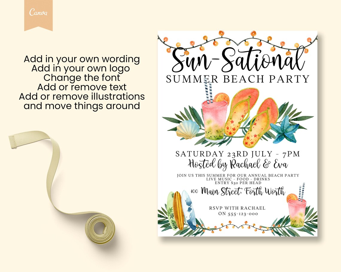 DIY Beach Party Invitation, Editable, Summer Party, Diy Template ...
