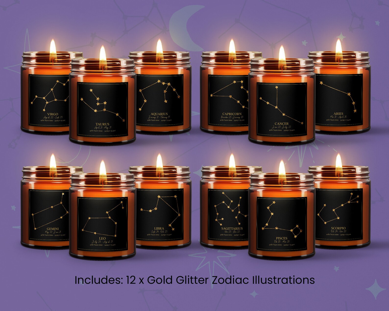 12 X ZODIAC Gold GLITTER Editable Zodiac Candle Label, CANVA Zodiac ...