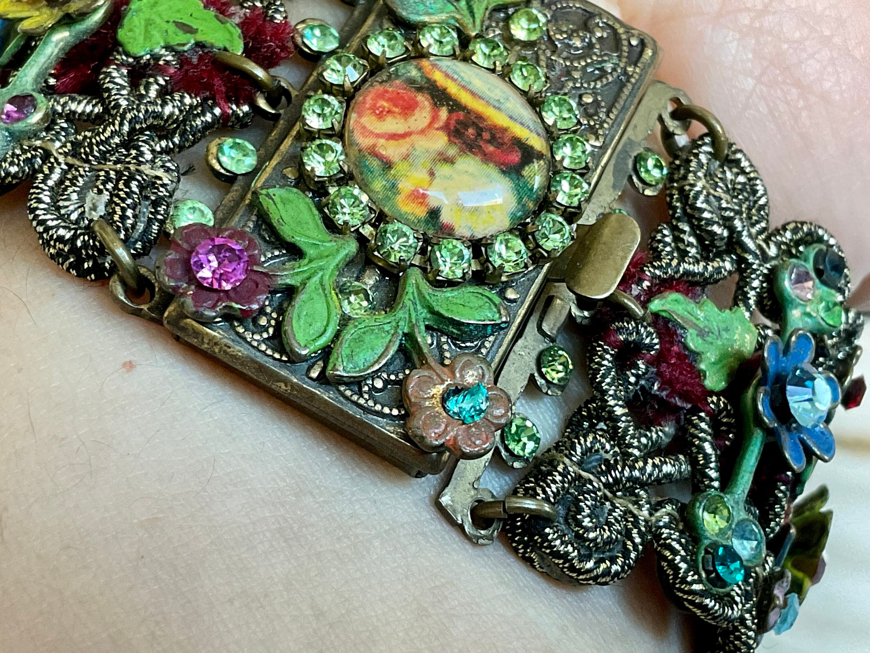 Michal Negrin Multicolor Crystals Flowers Fabric Lace Wide Bracelet 7 ...