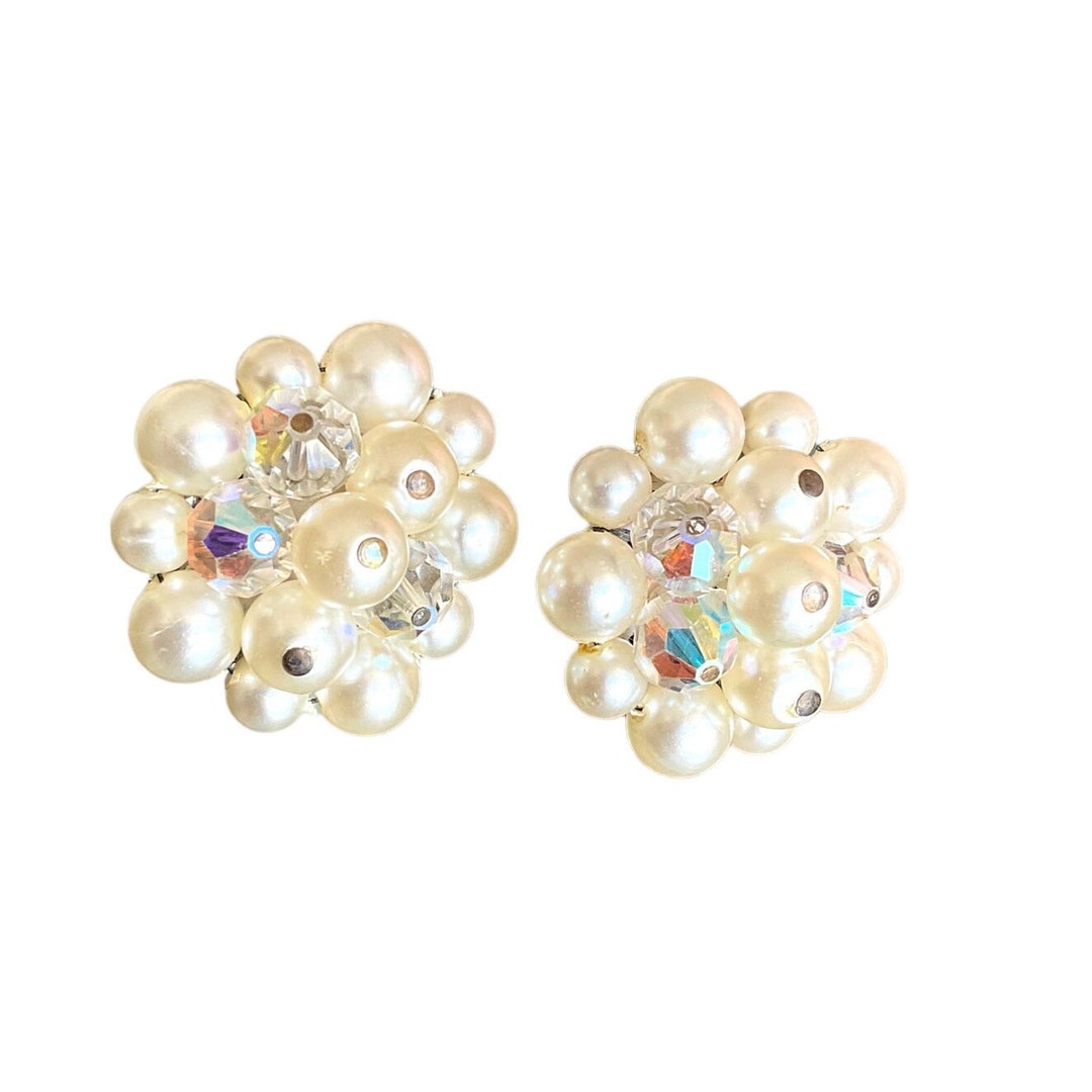 Laguna Pearls and Ab Crystals Cluster, 1 1/4 Diameter Clip-on Earrings ...