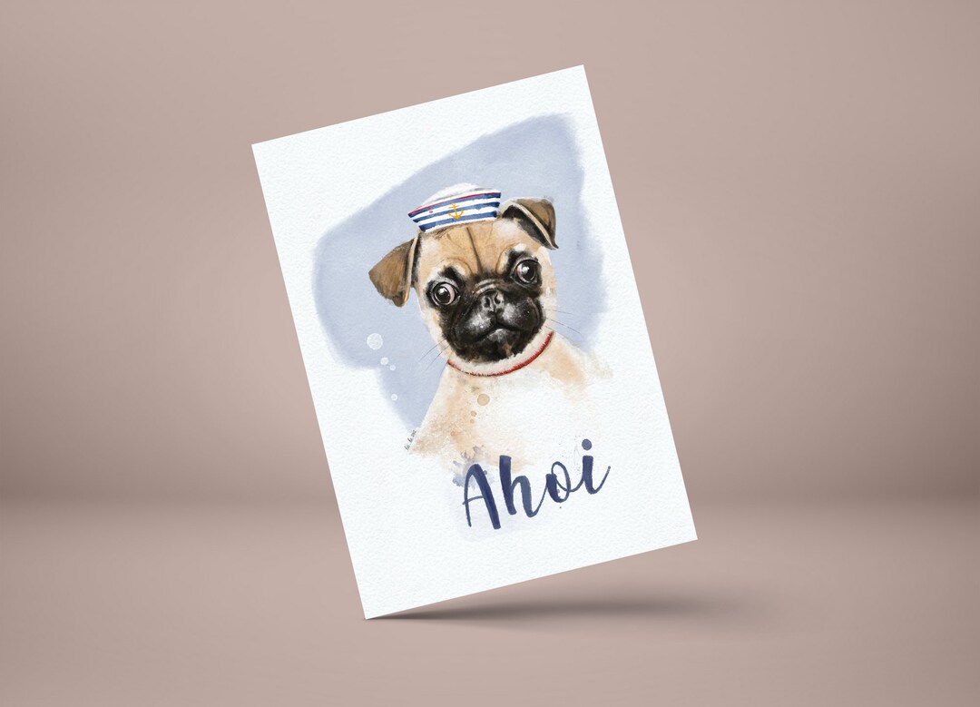 Postcard Pug Sailor | A6 | 300g Cream Natural Cardboard | Ahoy ...
