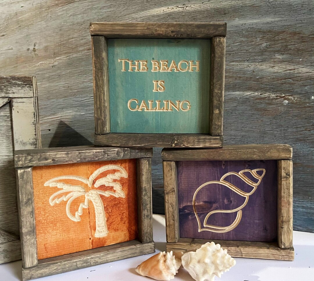Beach Shell Palm Tree Set of 3 Carved Framed Wood Shelf Sitters Signs ...