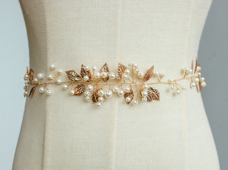 Minimalist Bridal Belt, Gold Bridal Vine Sash, Pearl Leaf Sash, Crystal ...